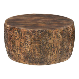 Rea 34" Coffee Table Mango Wood Round Drum Carved Damask Walnut Brown ...