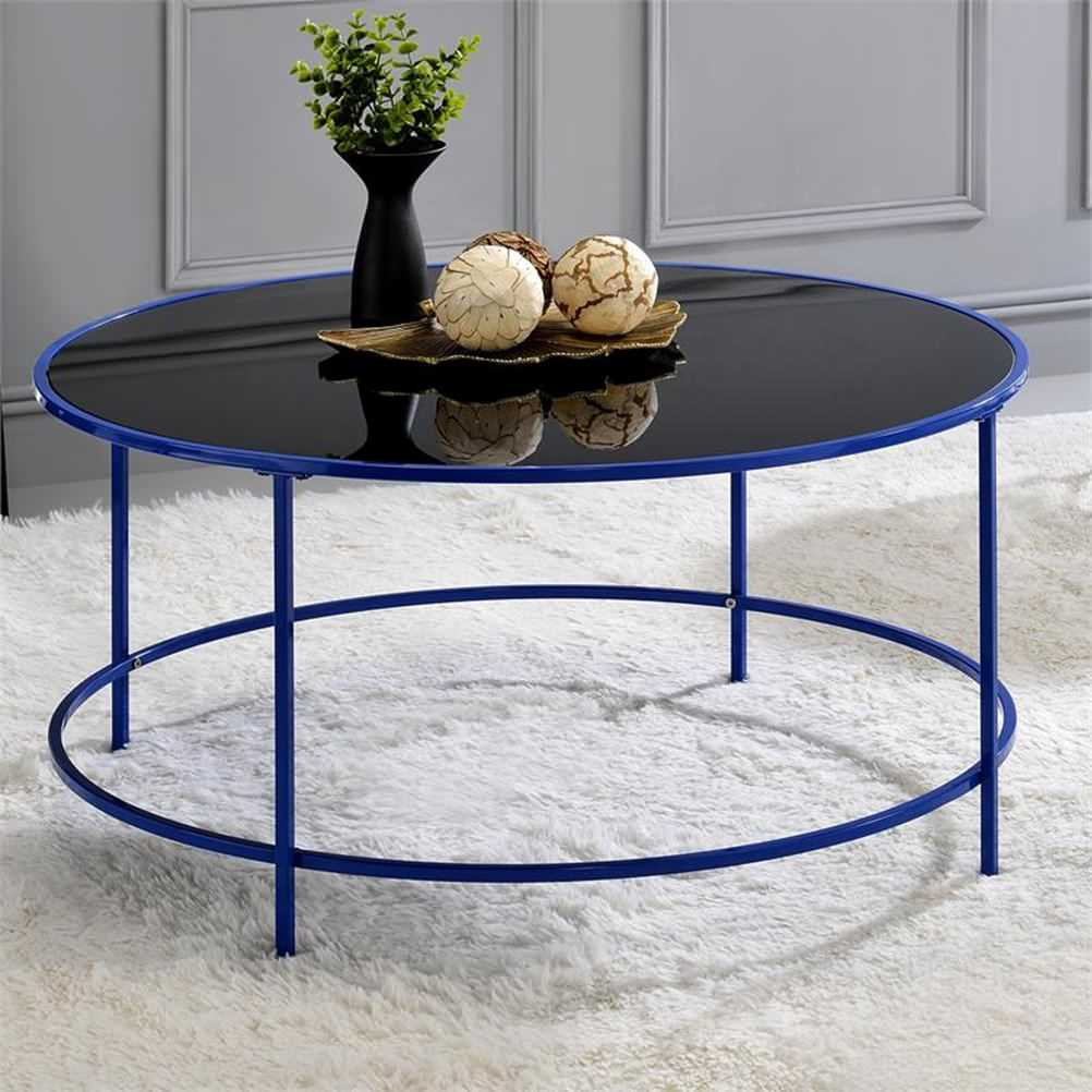 Bowery Hill Contemporary Glass Top Round Coffee Table in Blue ...