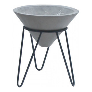 Modern Cone Shaped Concrete Planter with Metal Stand, Gray and Black ...