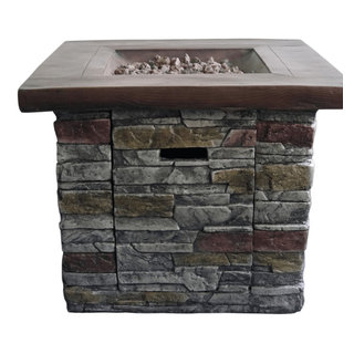 Outdoor Brown Wood and Brick Square Gas Fire Pit with Lava Rocks ...