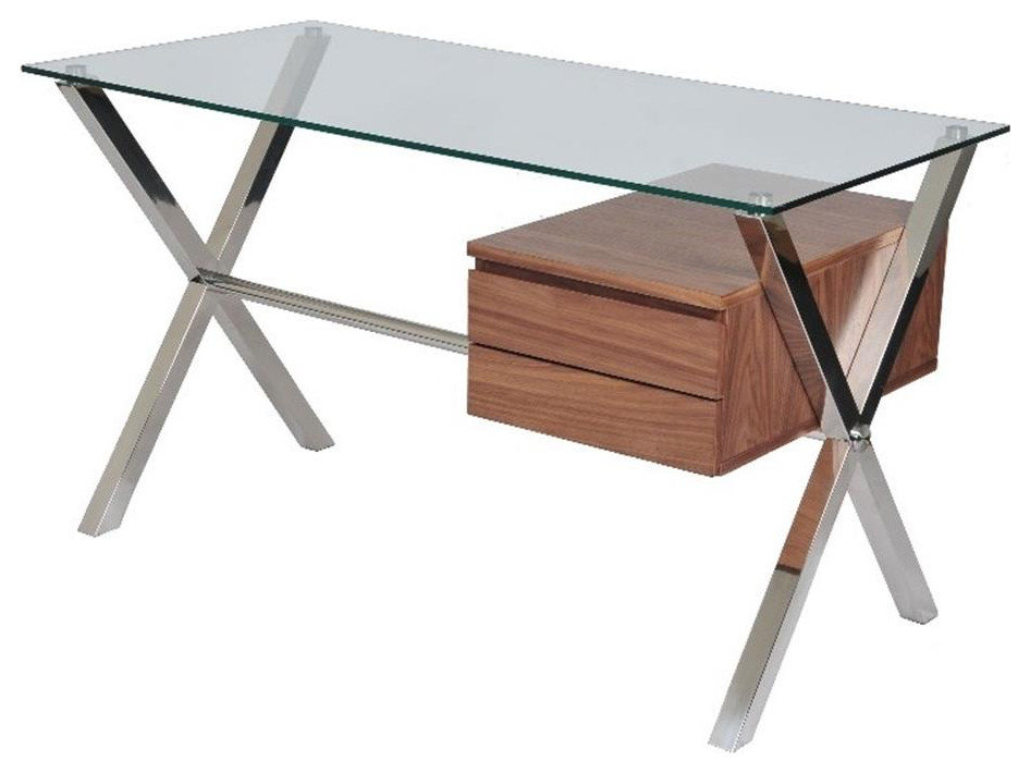 Pangea Home Beverly Small Modern Tempered Glass & Wood Veneer Desk in ...