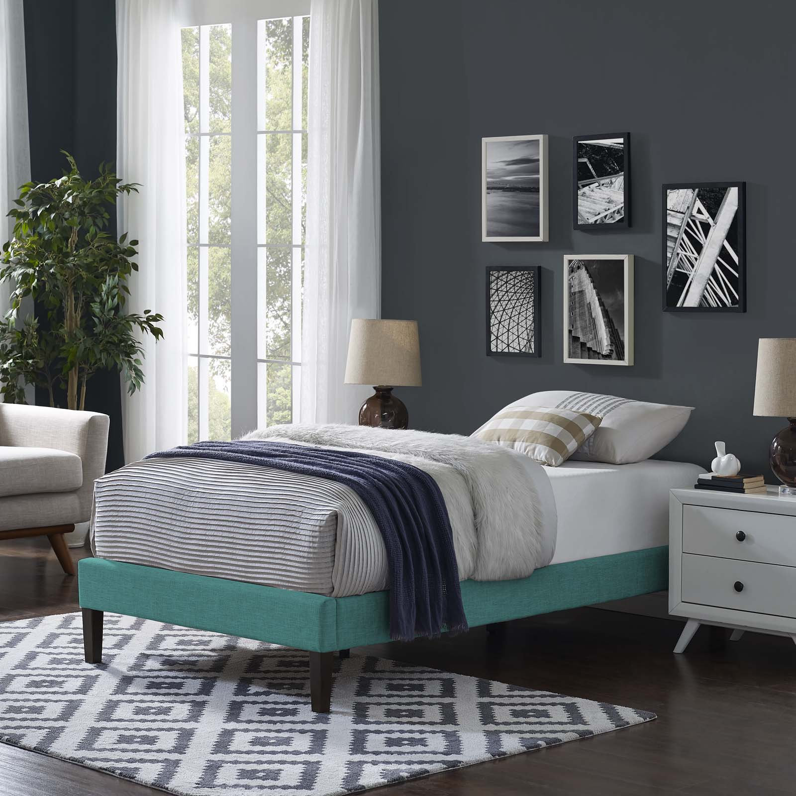 Modern Contemporary Urban Living Design Platform Bed Frame, Fabric ...
