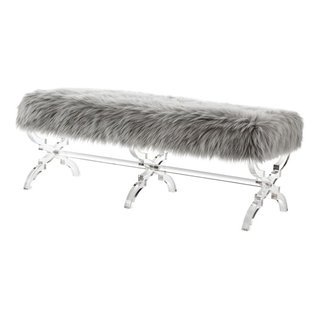 48" Gray And Clear Upholstered Faux Fur Bench - Eclectic - Upholstered ...