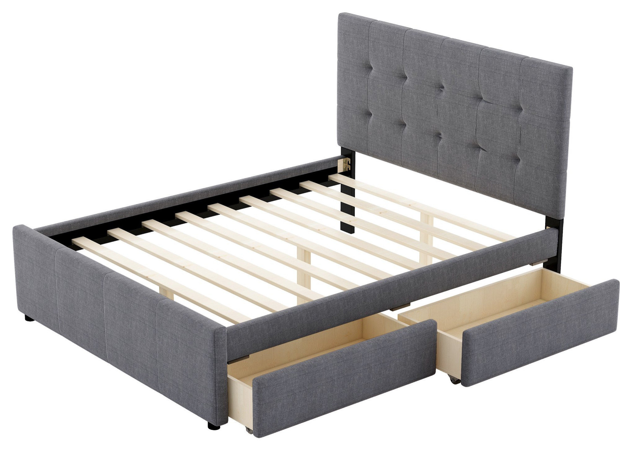 Queen Size Platform Bed, Grid Tufted Gray Linen Upholstered Headboard ...
