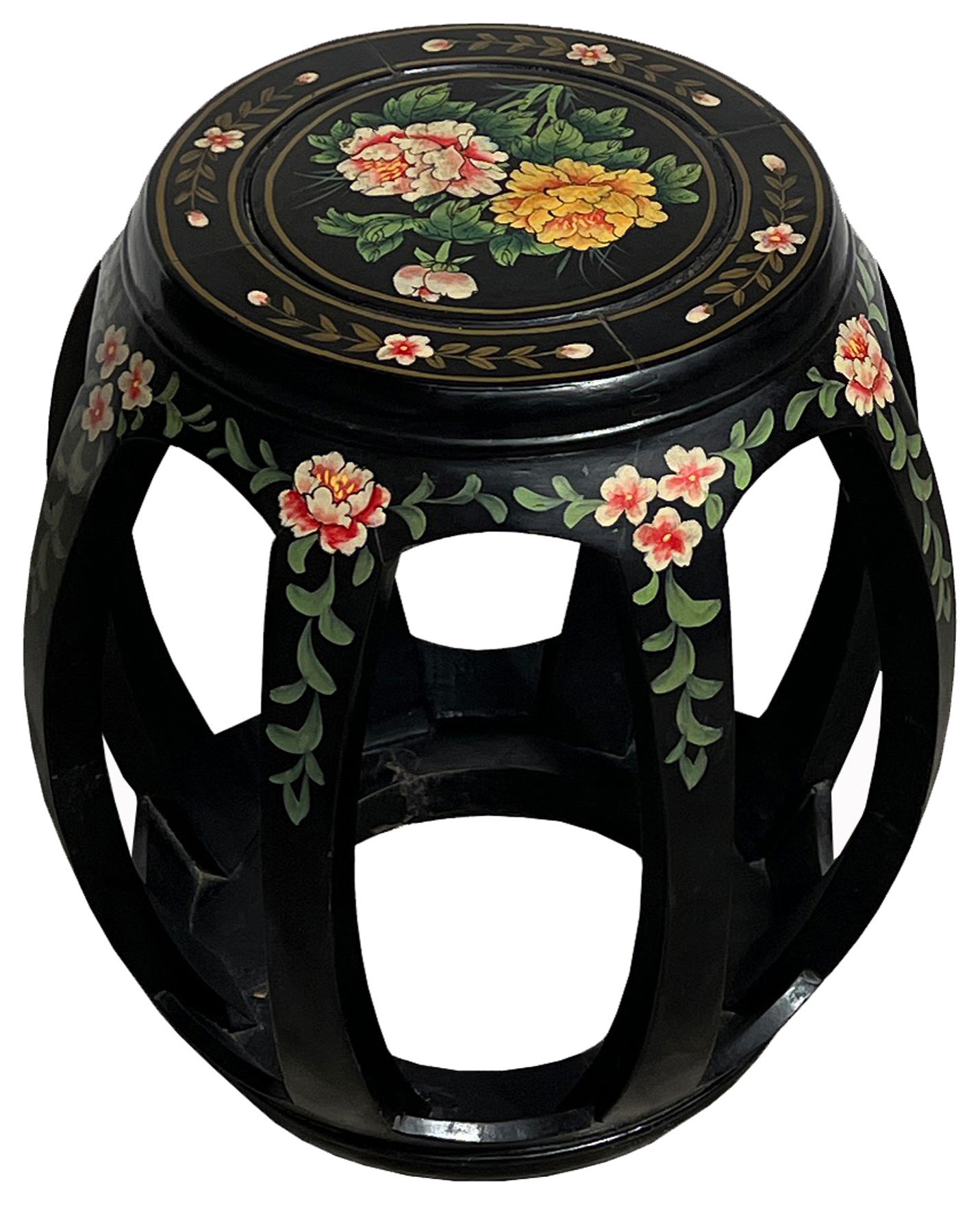 Chinese Black Color Flower Graphic Round Barrel Shape Wood Stool ...