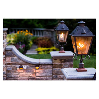 Gas lanterns sit atop fieldstone pillars - Traditional - Philadelphia ...