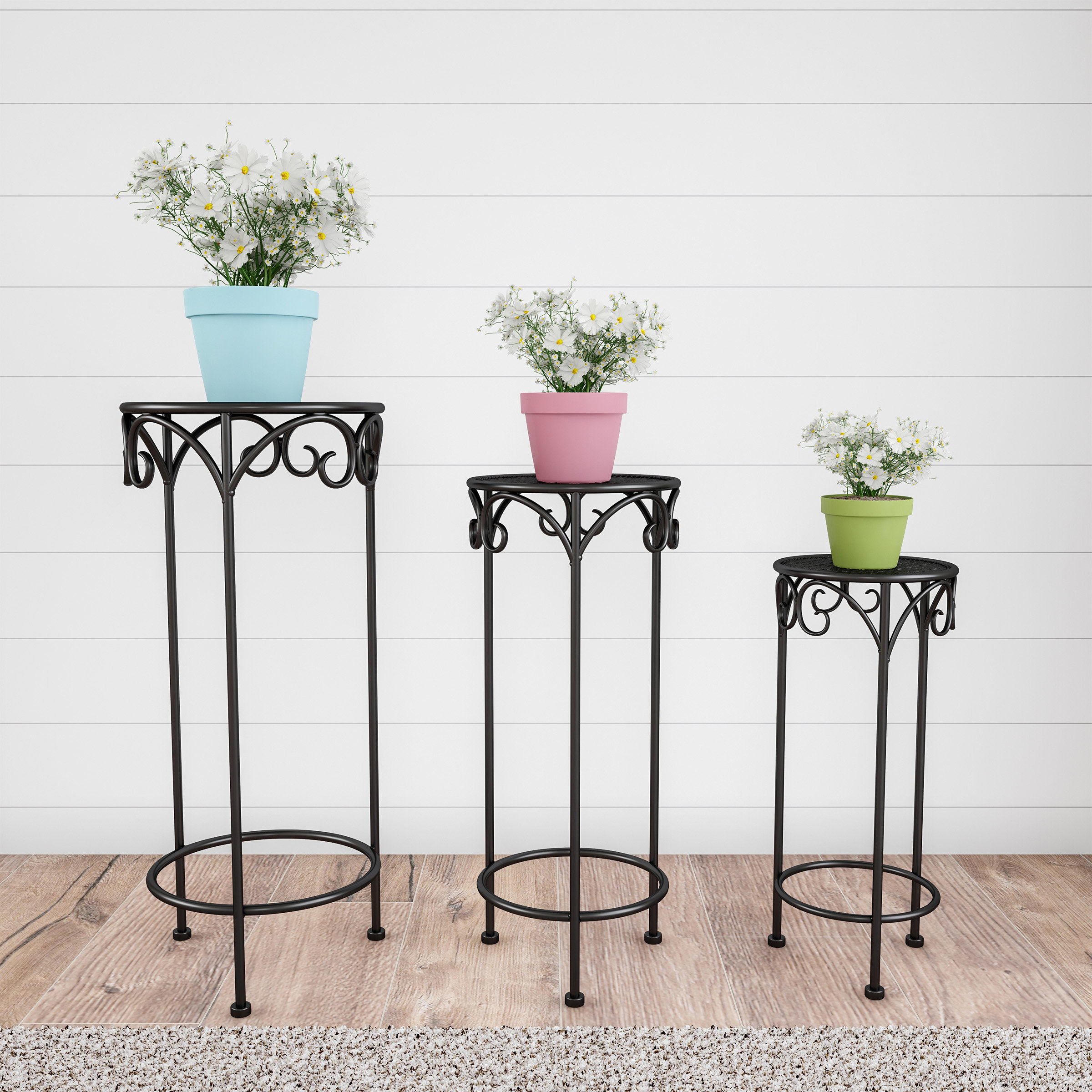 Set of 3 Plant Stands Indoor or Outdoor Nesting Wrought Iron Round ...