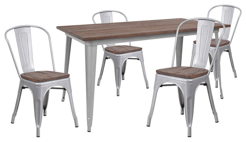 30.25"x60" Silver Metal Table Set with Wood Top and 4 Stack Chairs ...