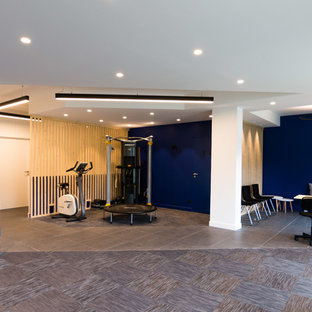75 Most Popular Home Gym with Blue Walls and Ceramic Floors Design ...