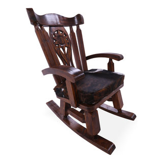 Wooden Rocking Chair Handcarved Back Removable Hair-On Cowhide Pillow ...