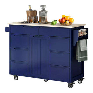 Large Kitchen Cart, Multiple Drawers & Cabinets With Natural Wood Top ...