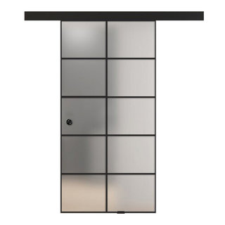 Frameless Industrial Style, Frosted Glass Sliding Barn Door with Black ...