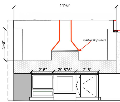 Help with wall mount range hood meeting 3cm solid slab backsplash