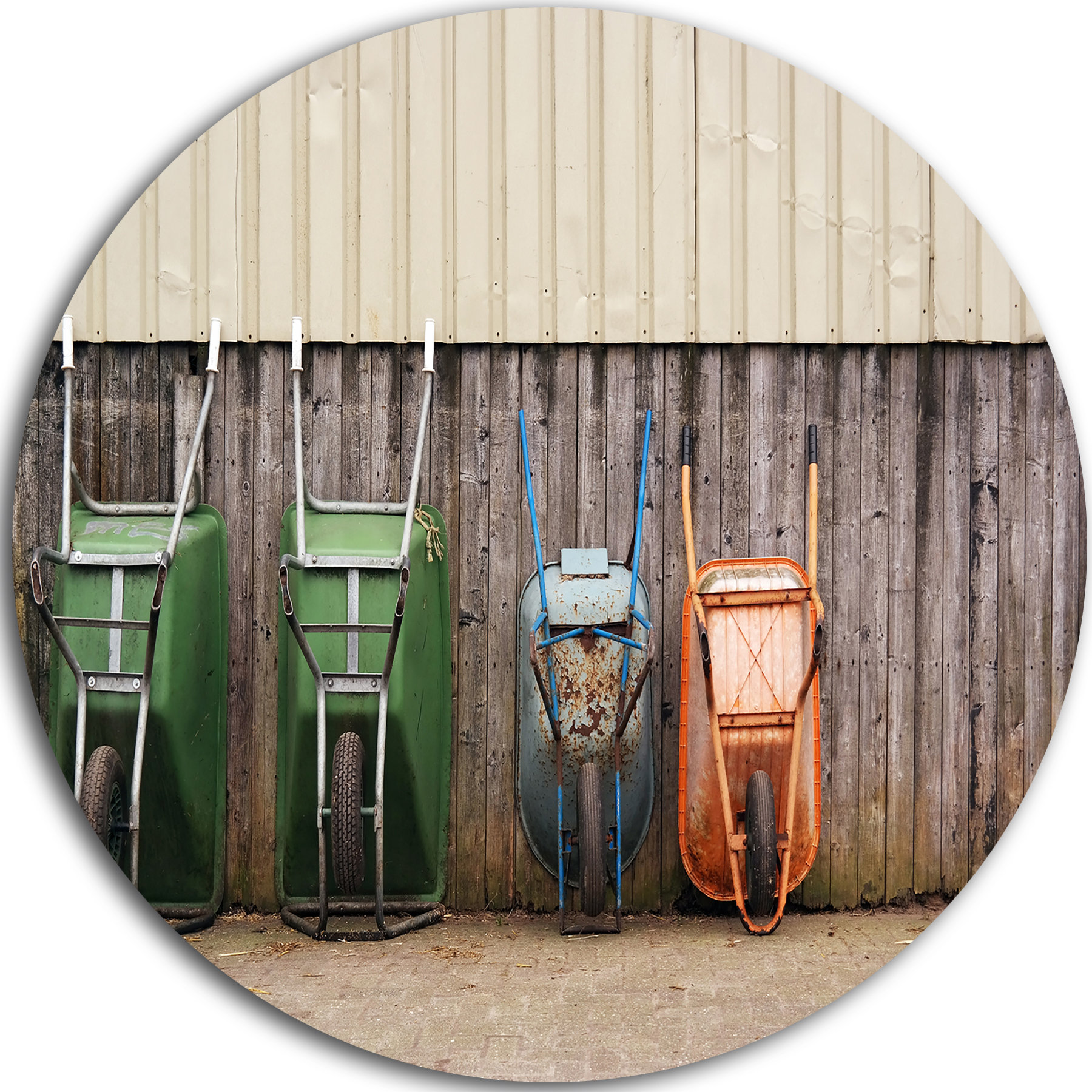 Row Of Wheelbarrows, Landscape Photo Round Wall Art, Disc of 23 inch ...