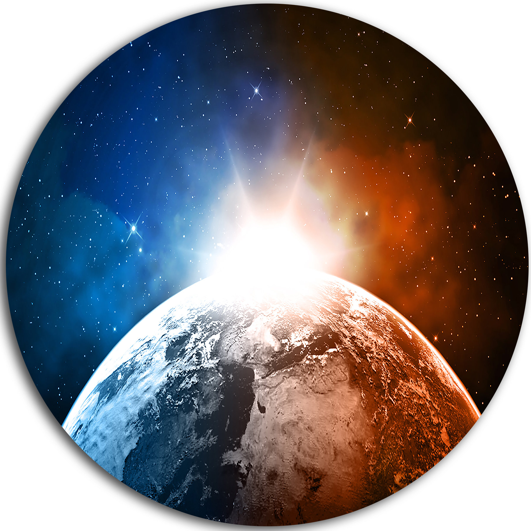 Planet With Sunrise In Space, Contemporary Disc Metal Wall Art, Disc of ...