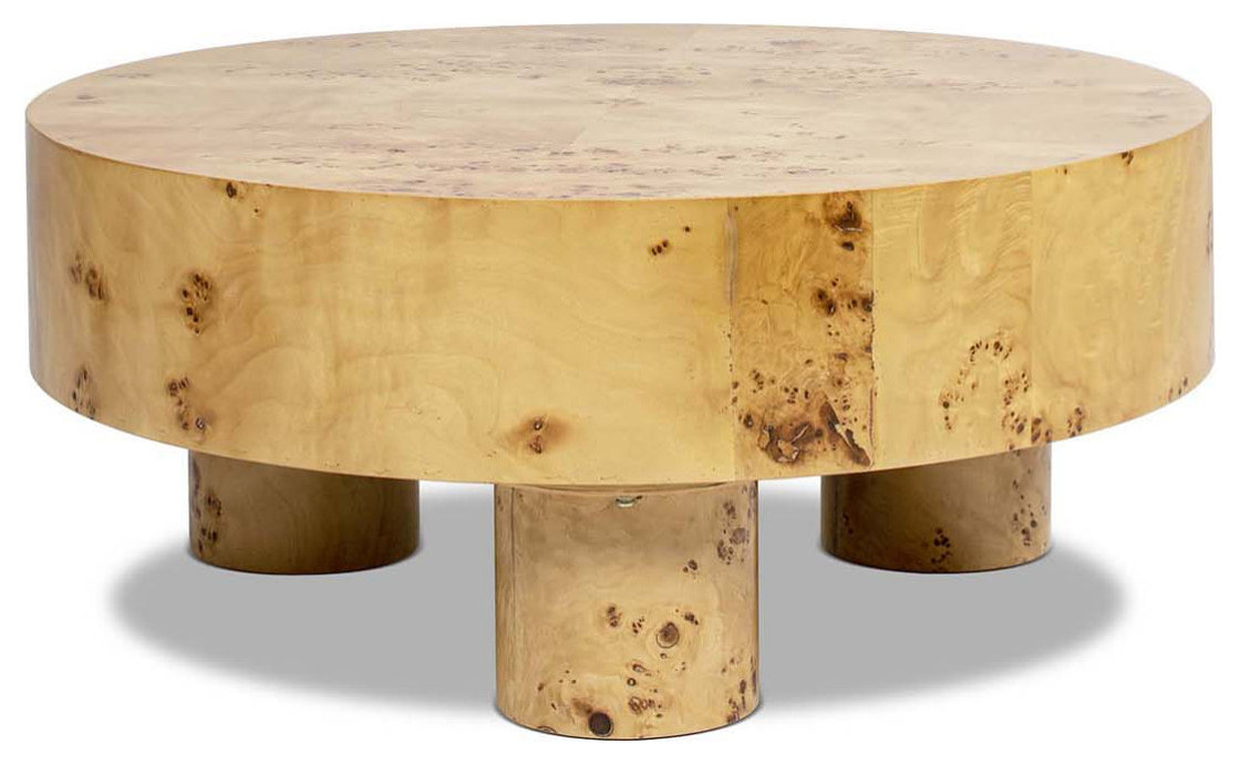 Nebula 35.5" Burl Wood Round Pillar Leg Coffee Table, Warm Natural ...