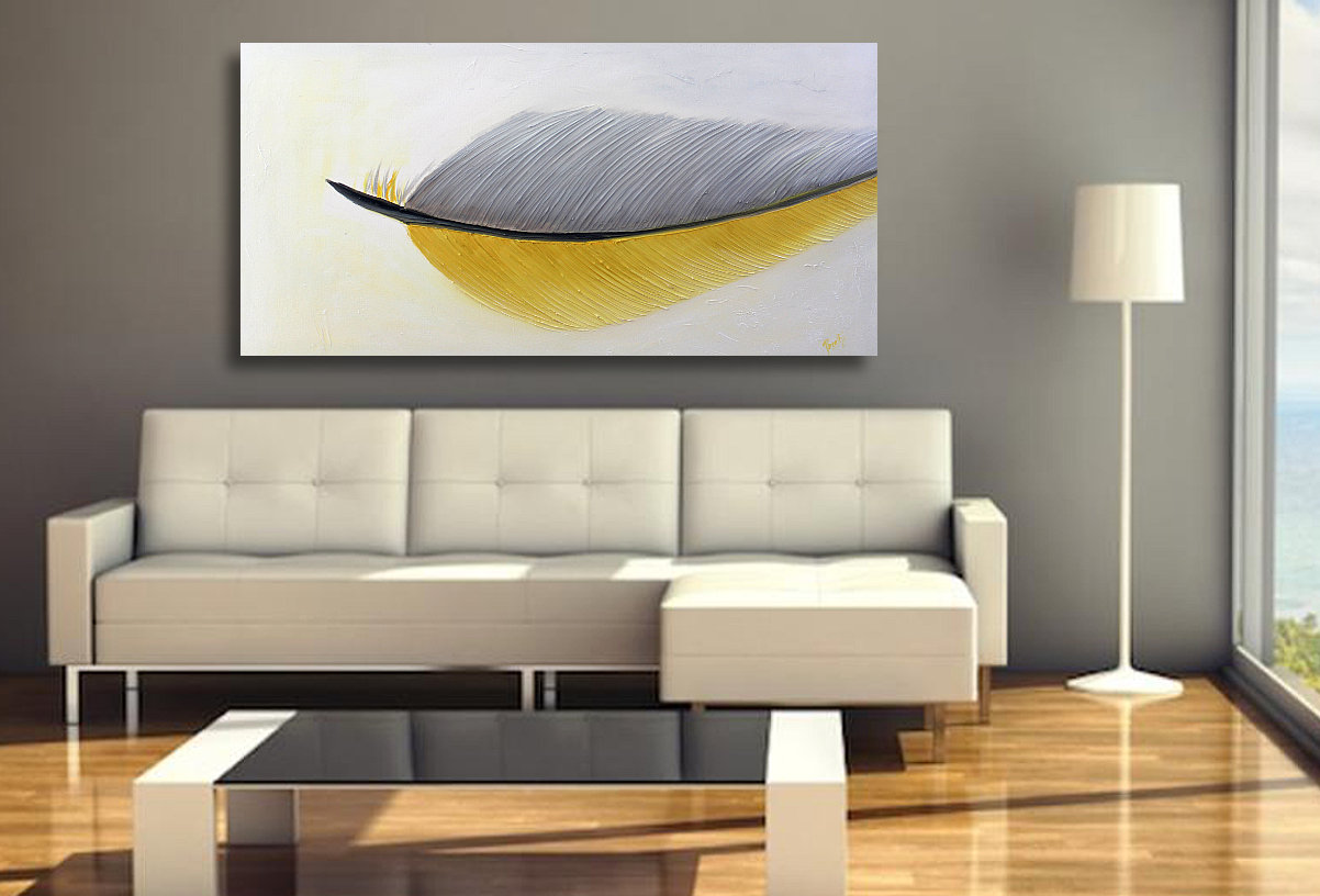 72x36 inches Large wall art yellow Feather Modern Painting Textured Art ...