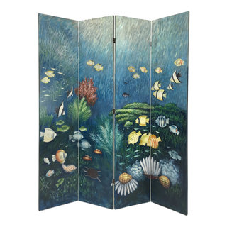 Wooden Double Sided 4 Panel Room Divider with Ocean Prints, Multicolor ...