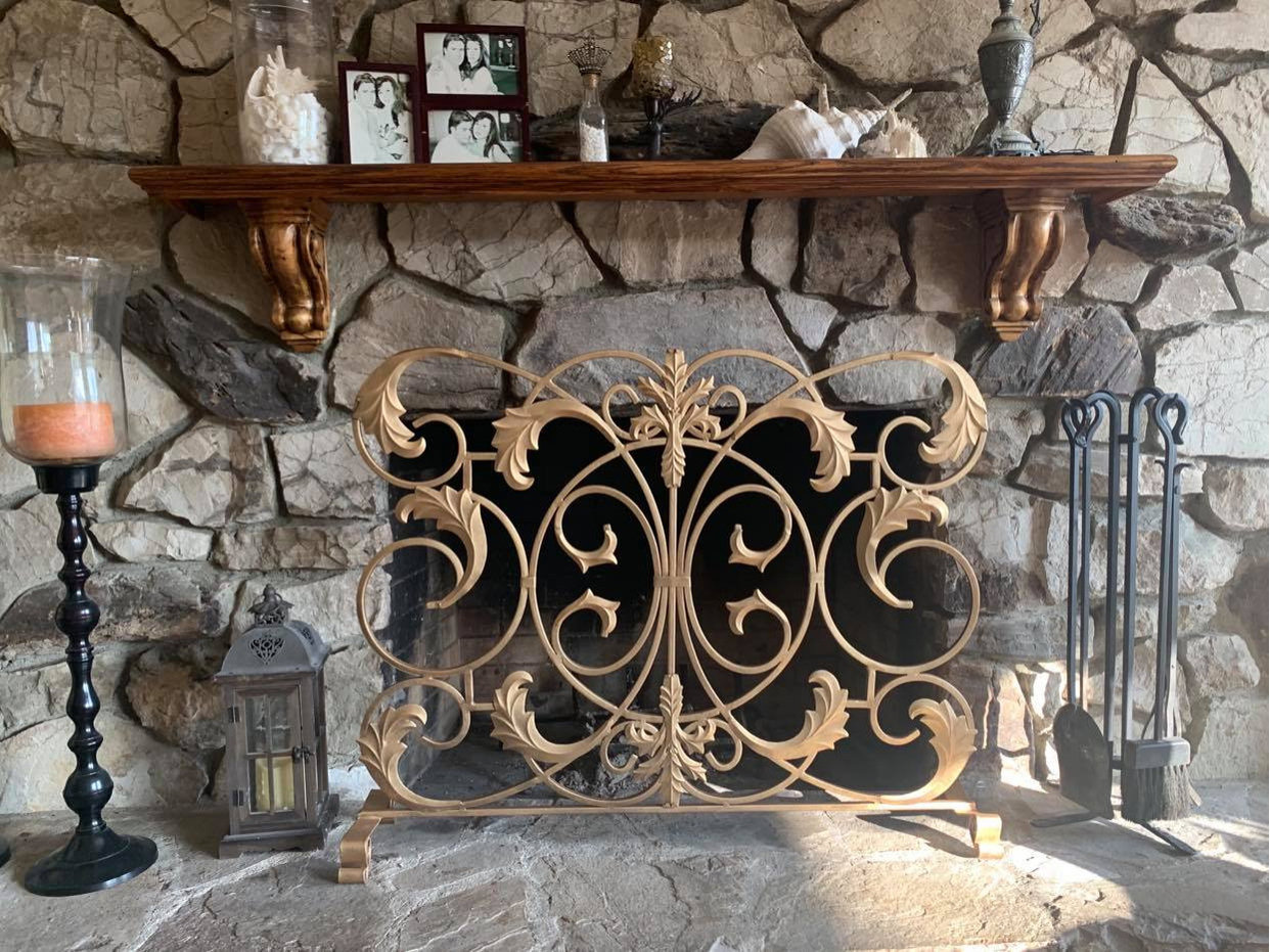 Single Panel Fireplace Screen in Antique Gold Scroll - Traditional ...