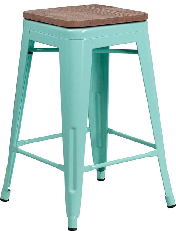 24"High Backless Mint Green Counter Height Stool with Square Wood Seat ...