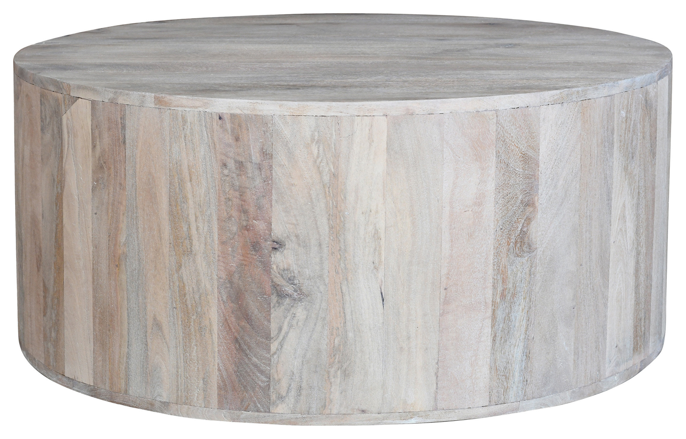 36" Coffee Table Handcrafted Drum Shape Sandblasted Washed White Mango ...