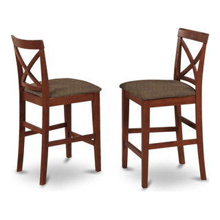 Set of 2 Linen Fabric Bar Height Stools, Wooden Frame with X-Back ...