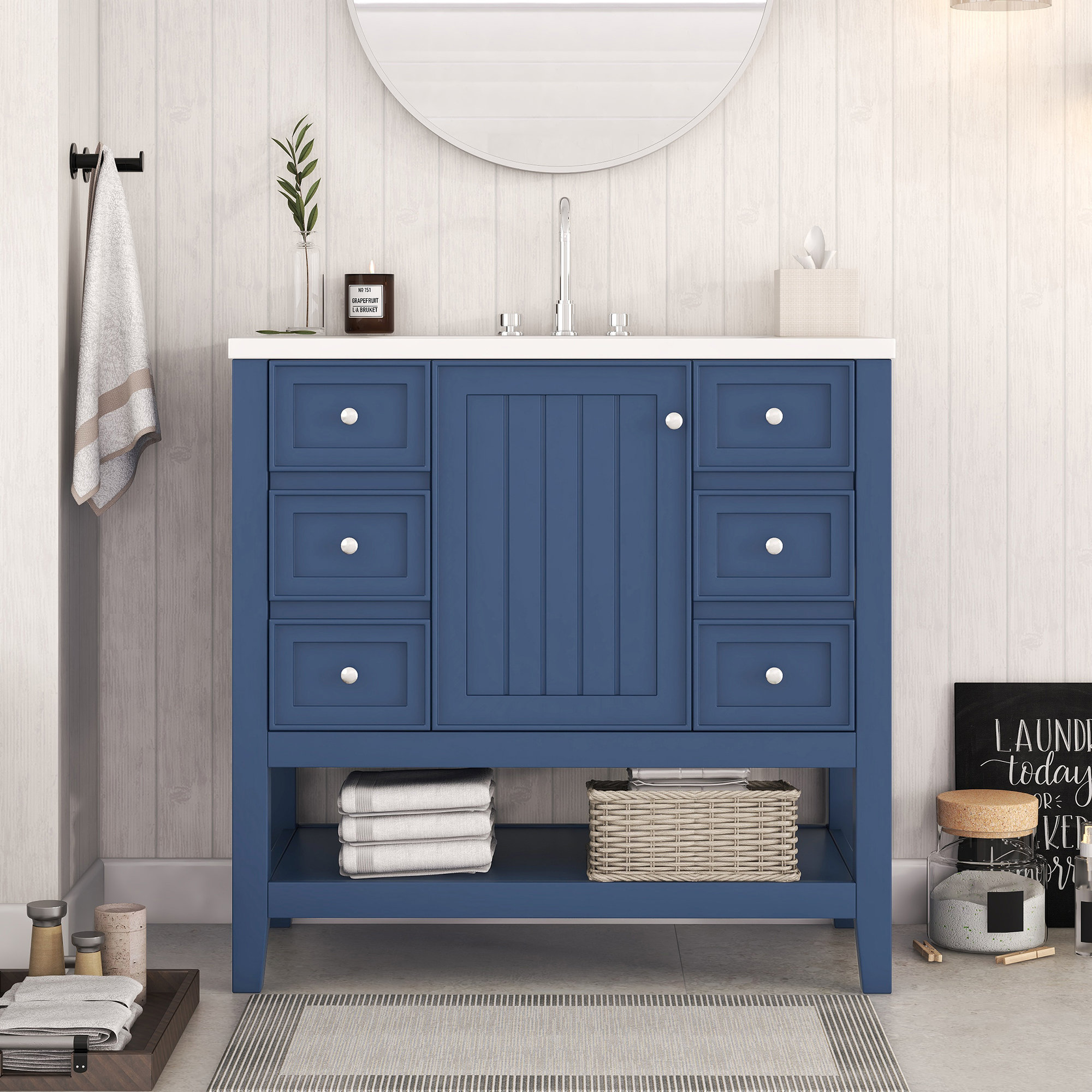 36 Inch Freestanding Bathroom Vanity Set in Blue with Drawers and ...