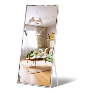 Wall Mounted Mirror, Vertical Black Frame - Transitional - Floor ...