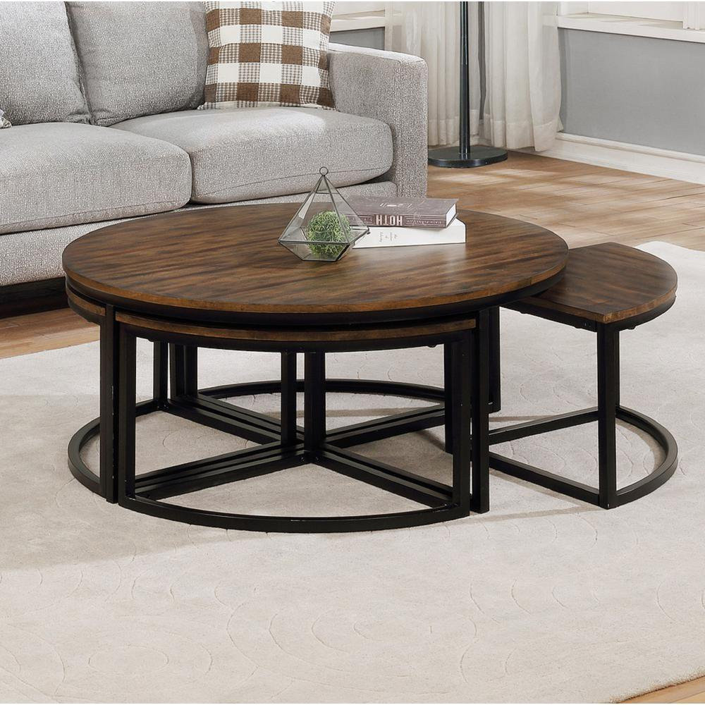 Antiqued Mocha 42" Round Acacia Wood Coffee Table with Nesting Tables ...