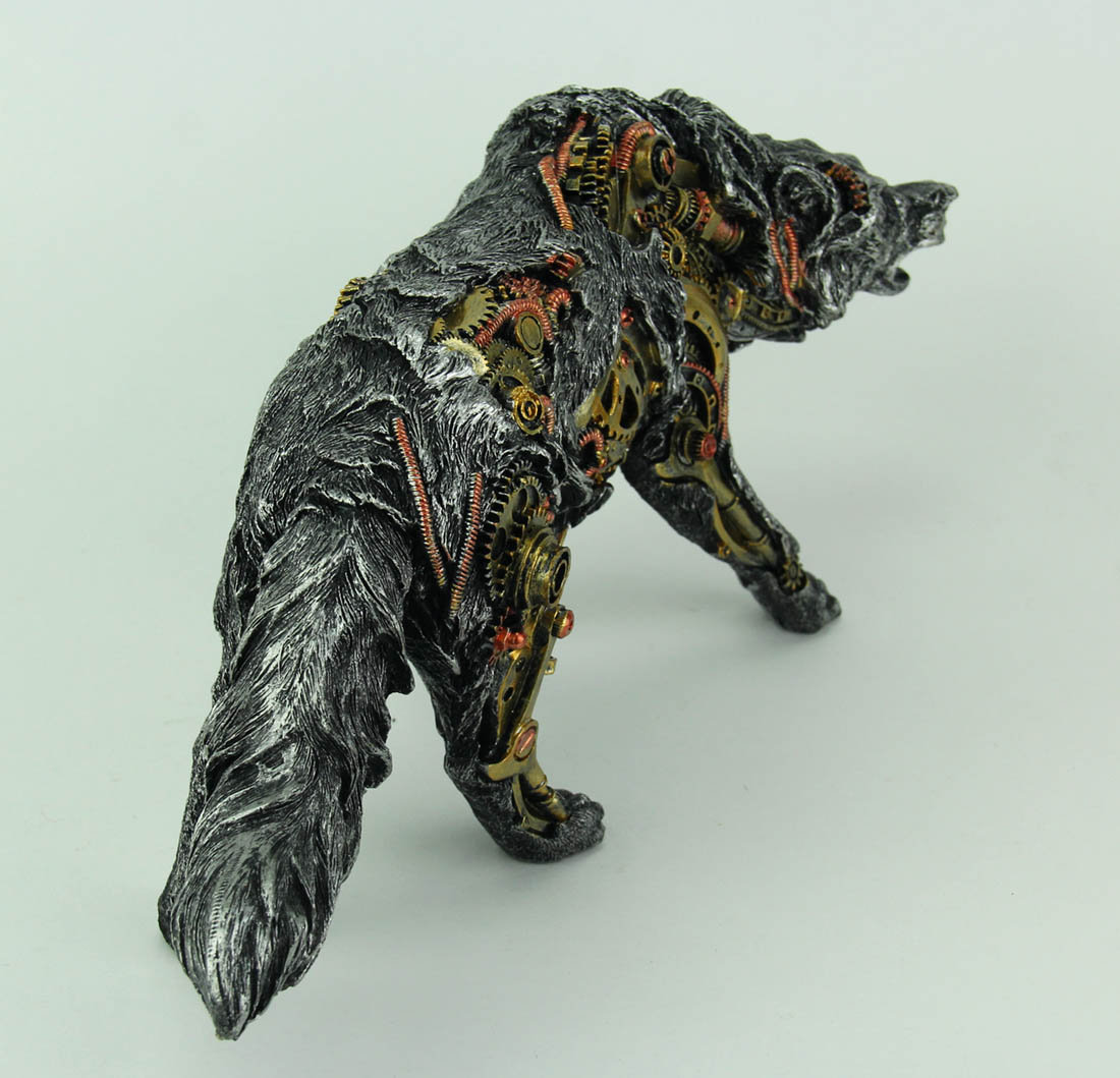 Metallic Silver Finish Mechanical Steampunk Timber Wolf Statue, One ...