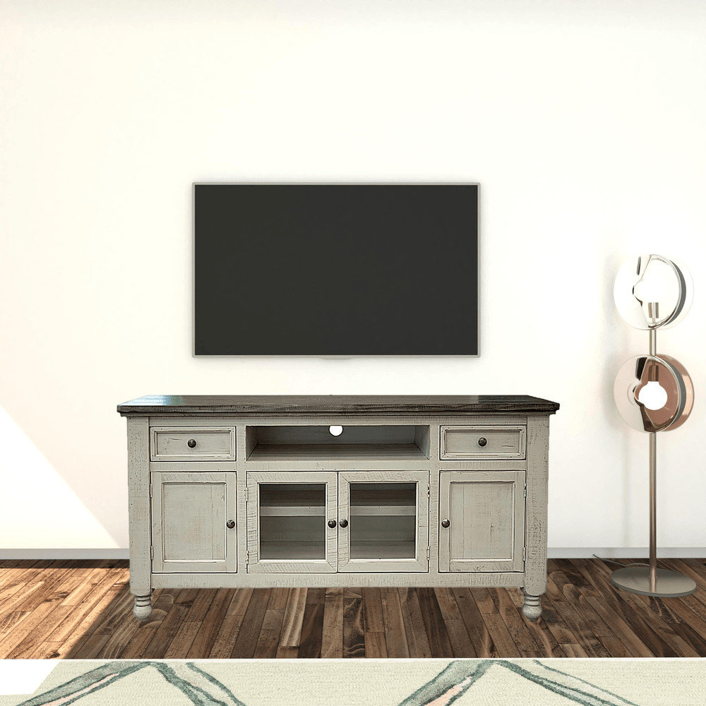 70" Ivory Solid Wood Open shelving Distressed TV Stand - French Country ...