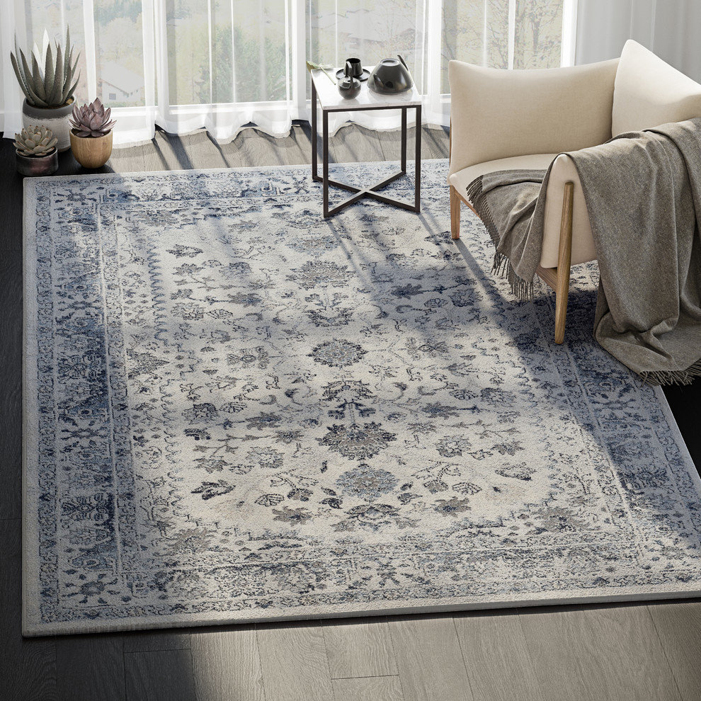 Abani Troy Persian Inspired Rug, Oval Medallion Ivory and Blue Flower ...