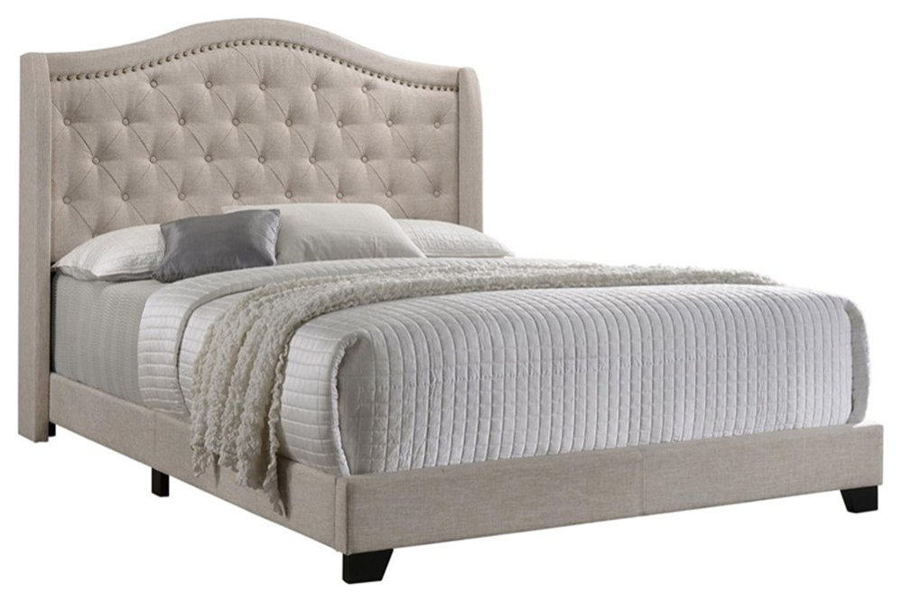 Pemberly Row Transitional Fabric Upholstered Camel Back Queen Bed Beige ...