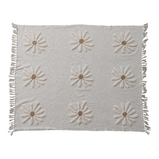 Cotton Slub Throw With Tufted Flowers and Fringe, Natural and Tan Color ...