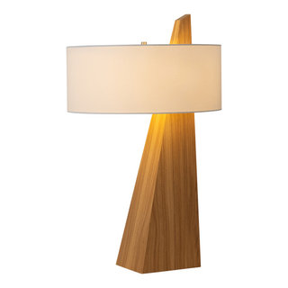 Obelisk Table Lamp - Natural Ash Wood Finish, White Cotton-Linen Shade ...