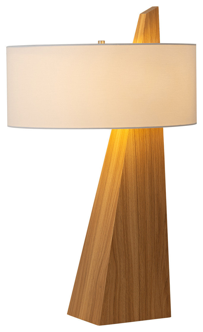 Obelisk Table Lamp - Natural Ash Wood Finish, White Cotton-Linen Shade ...