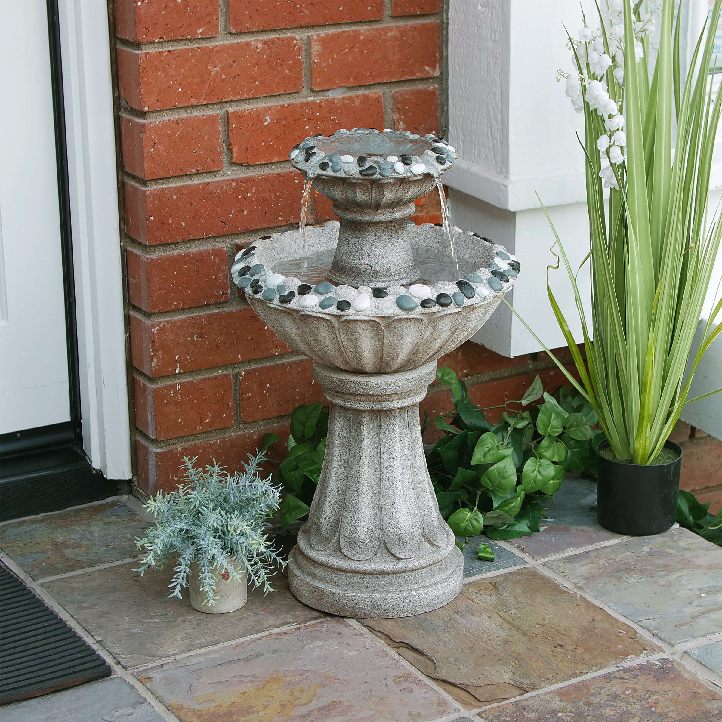 Alpine Grey Two Tier Pedestal Fountain, 24" Tall - Traditional ...