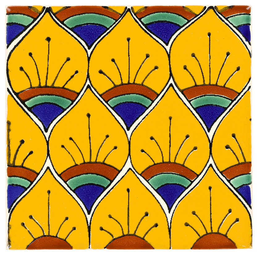 Talavera Mexican Handmade Ceramic Tile, Yellow Peacock Feathers, Set of ...