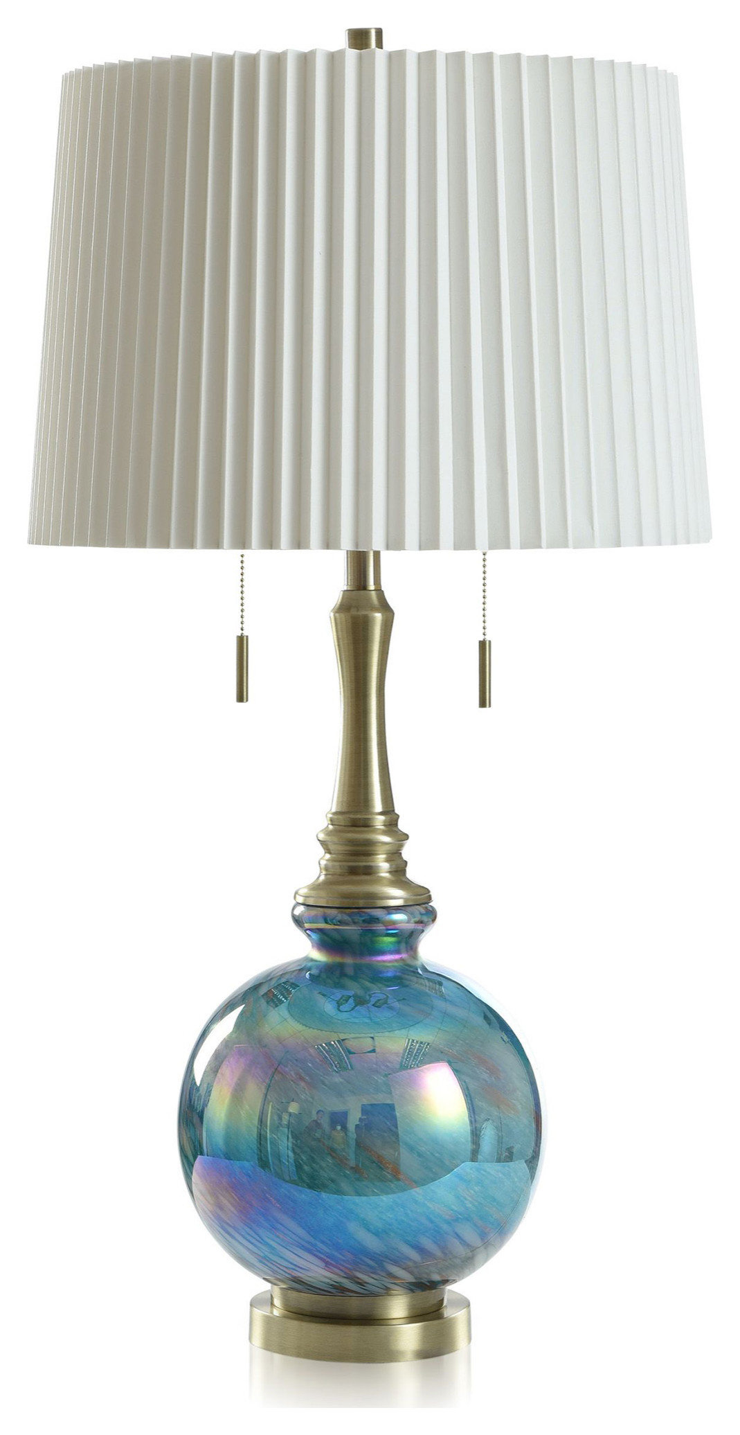 Iridescent Aqua Table Lamp Round Glass Body and Aged Brass Accent Off ...