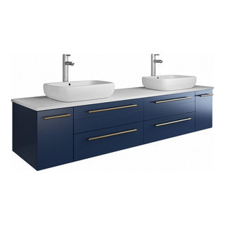 72 Royal Blue Wall Hung Modern Bathroom Cabinet w/ Top & Double Vessel ...