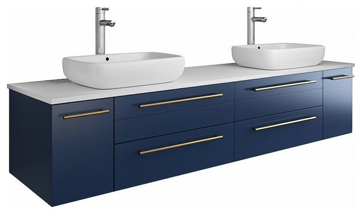 72 Royal Blue Wall Hung Modern Bathroom Cabinet w/ Top & Double Vessel ...