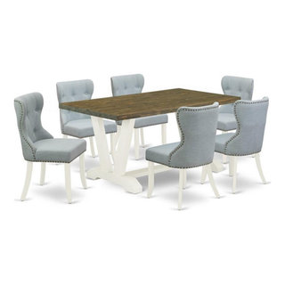 East West Furniture V-Style 7-piece Wood Dining Set in White/Baby Blue ...