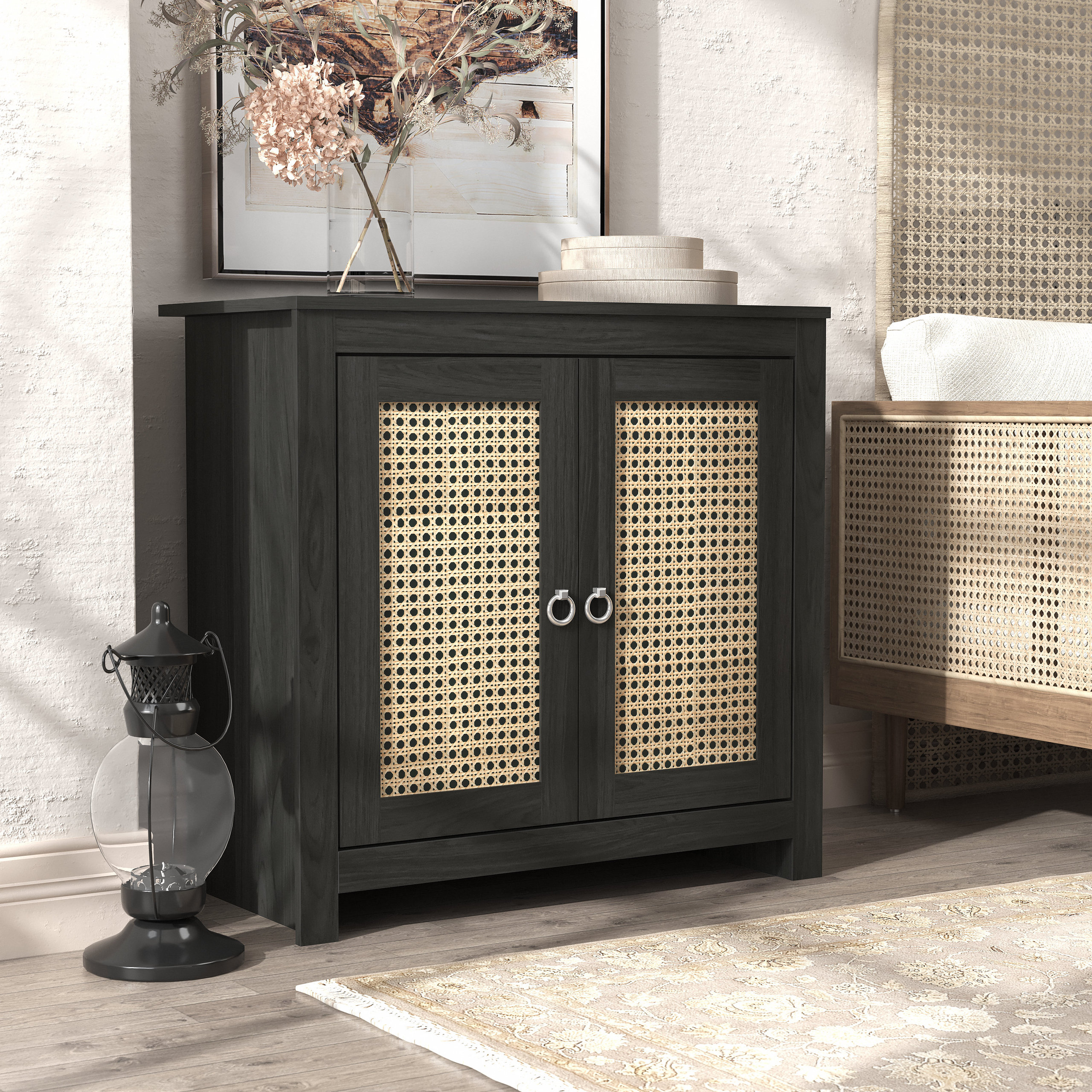 Joreen 2 Door Rustic Black Oak with Rattan Paper Accent Cabinet - Tropical - Accent Chests And ...