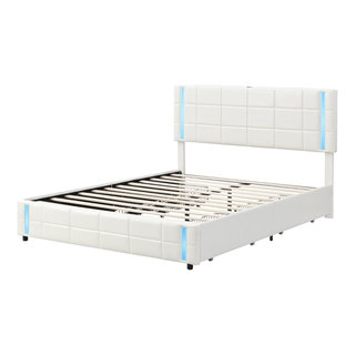 Modern Queen Size Platform Bed, Grid Tufted Headboard With LED Lighting ...