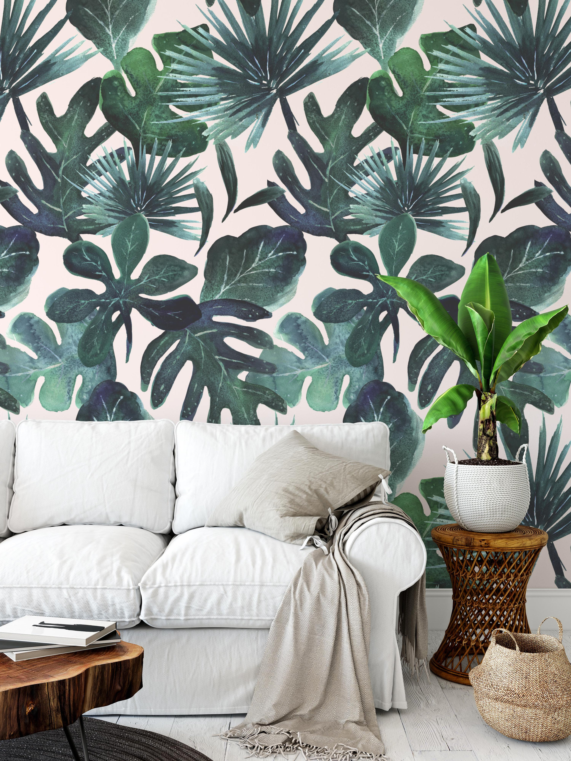 Tropical Leaves Deep Sea Blush Wallpaper, Sample 12"x8" - Tropical ...