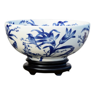 Chinese Blue and White Floral Bird Pattern Porcelain Bowl With Base 14 ...