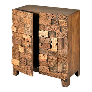 36" Rustic Hand Carved Stacked Wood Blocks 2 Doors Accent Cabinet ...