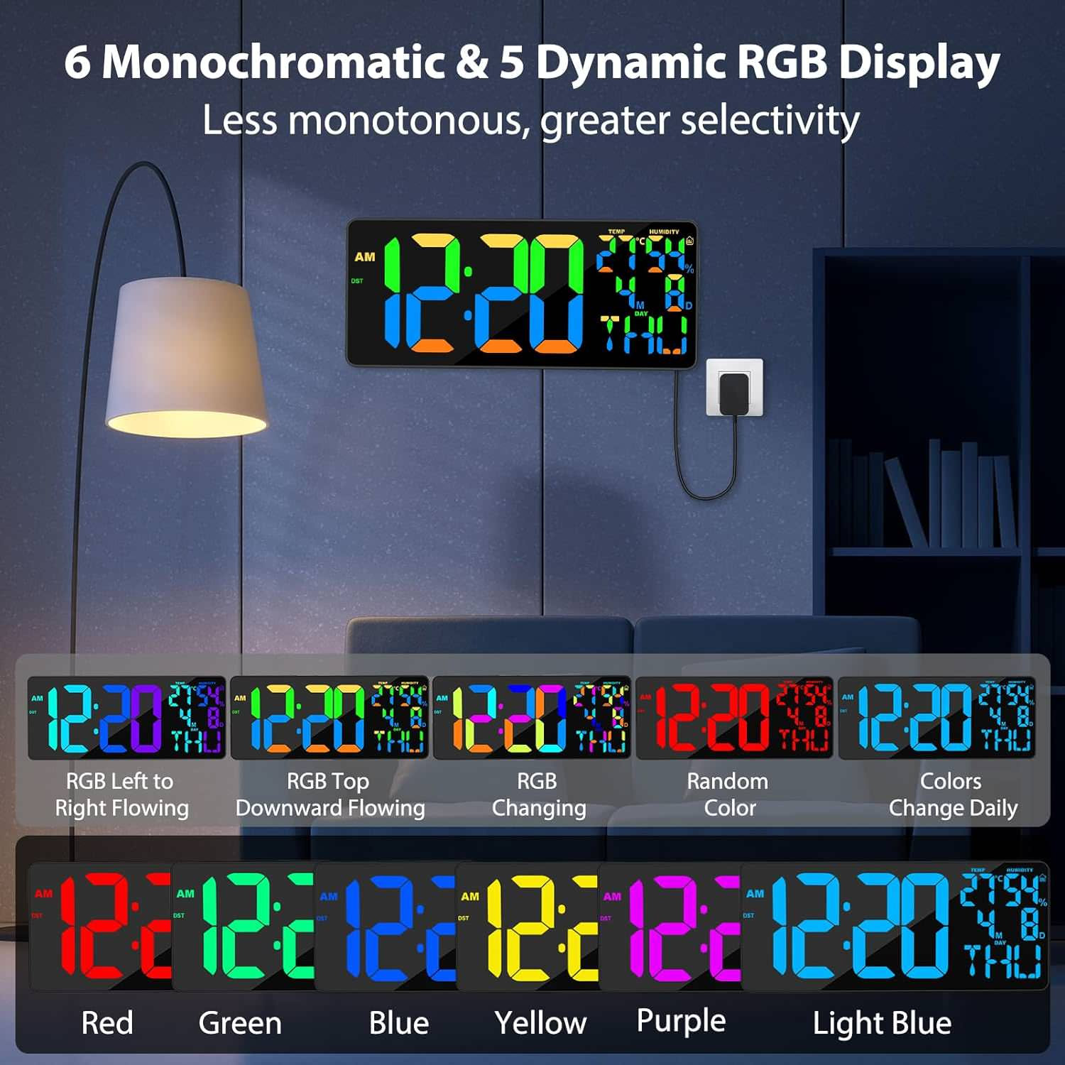 [Oversized] 18" Digital Wall Clock Large Display, 11 RGB Color - Modern ...