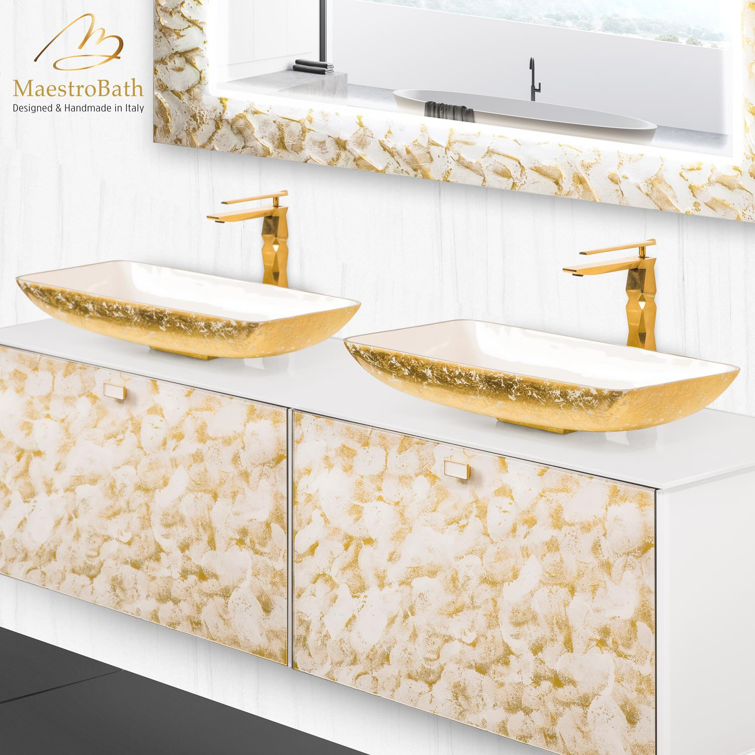 63" Wallmount Double Vanity, Gold Murano Glass -Artisanal Wood ...