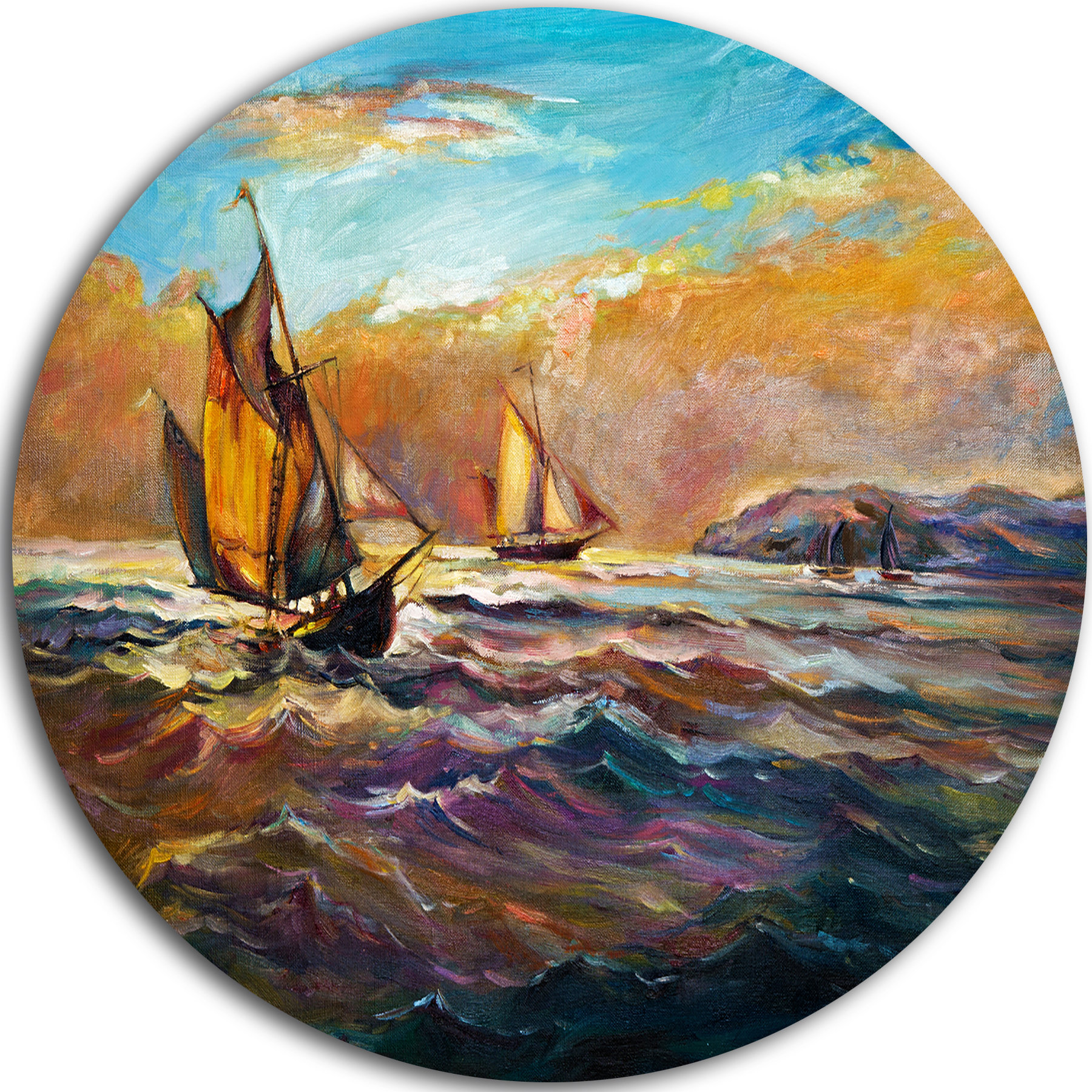 Boats In Roaring Sea, Seascape Painting Disc Metal Artwork, Disc of 36 ...
